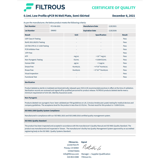 0.1mL Low Profile qPCR 96 Well Plate - Filtrous